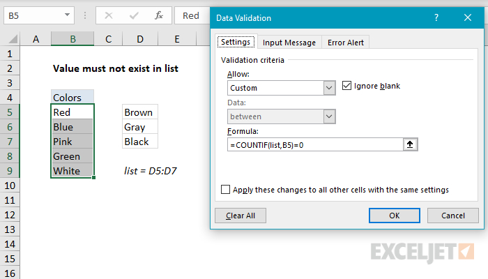 Data Validation Must Not Exist In List Excel Formula Exceljet